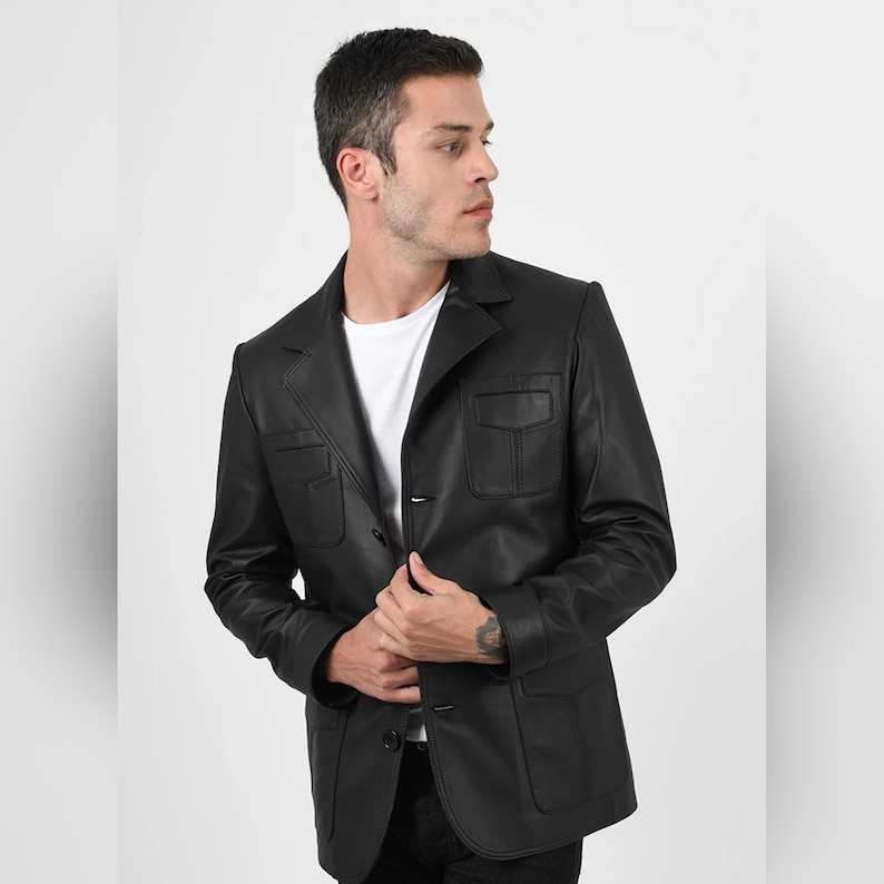 Alin - Martell Button up Men's Black Leather Blazer, Jacket Men's Leather Jacket Mens Genuine ...