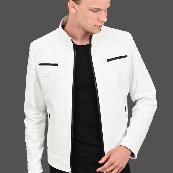 White Leather Jacket - Etsy