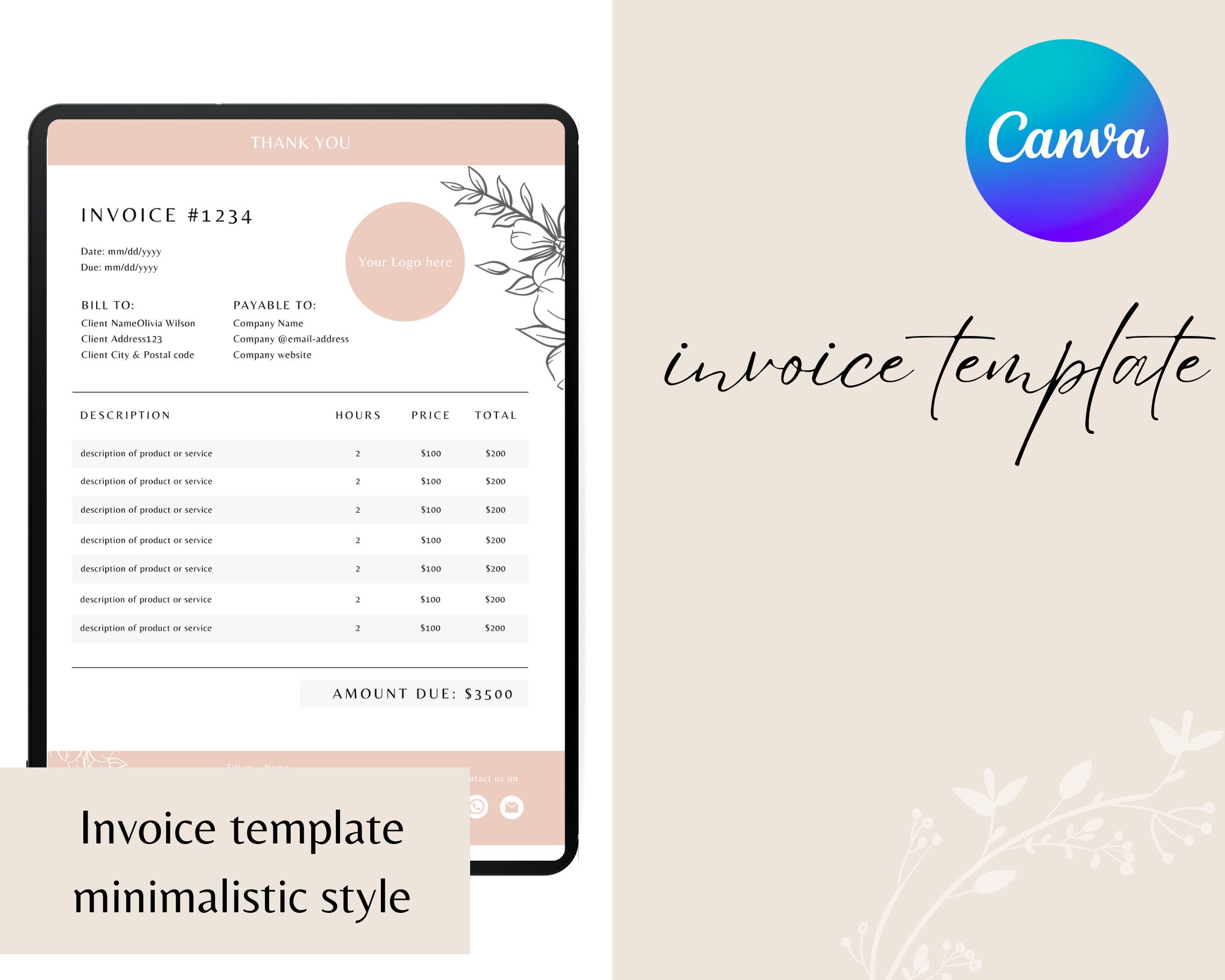 Minimalistic Invoice Template Small Business Editable Canva - Etsy