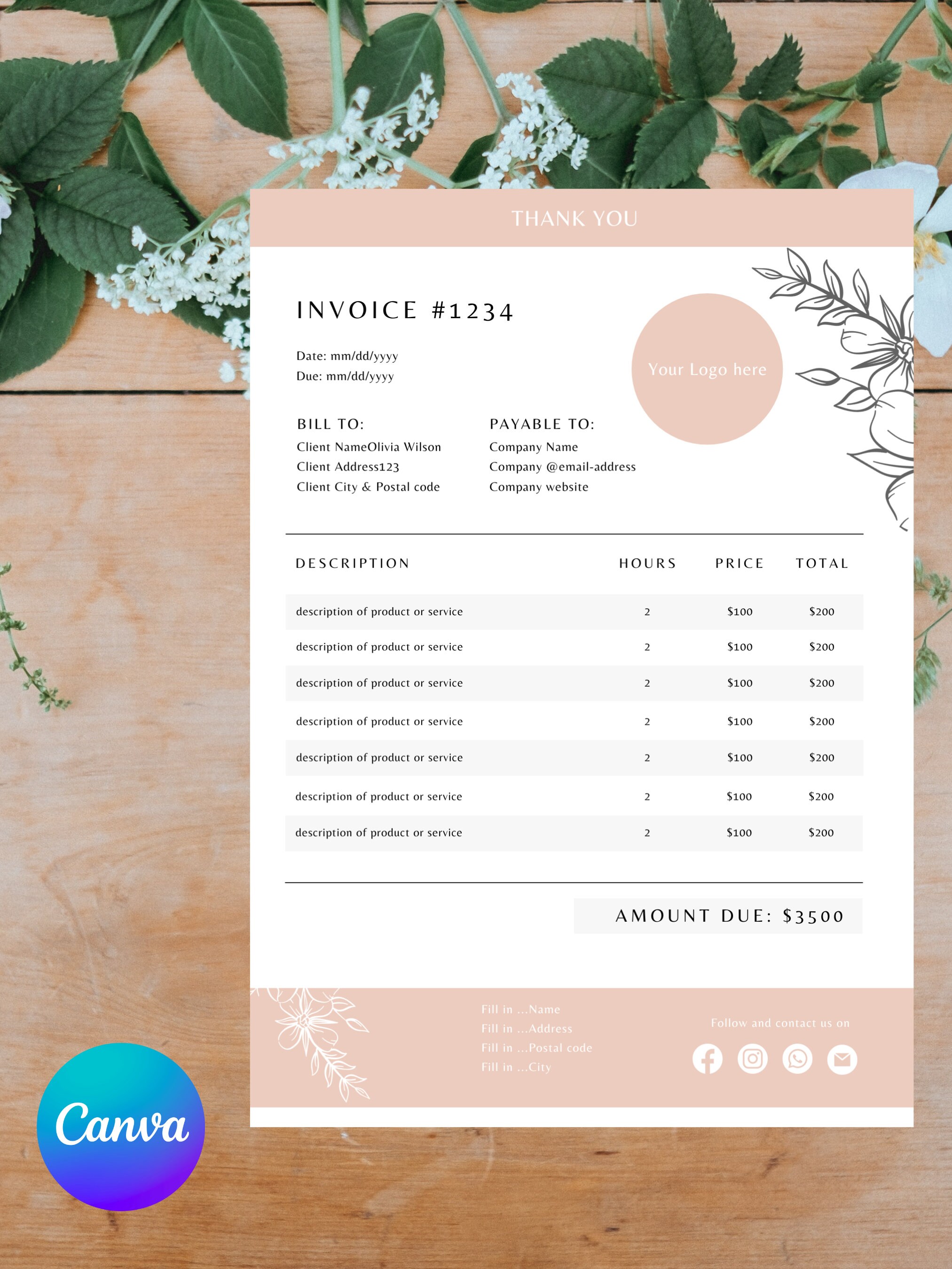 Minimalistic Invoice Template Small Business Editable Canva - Etsy