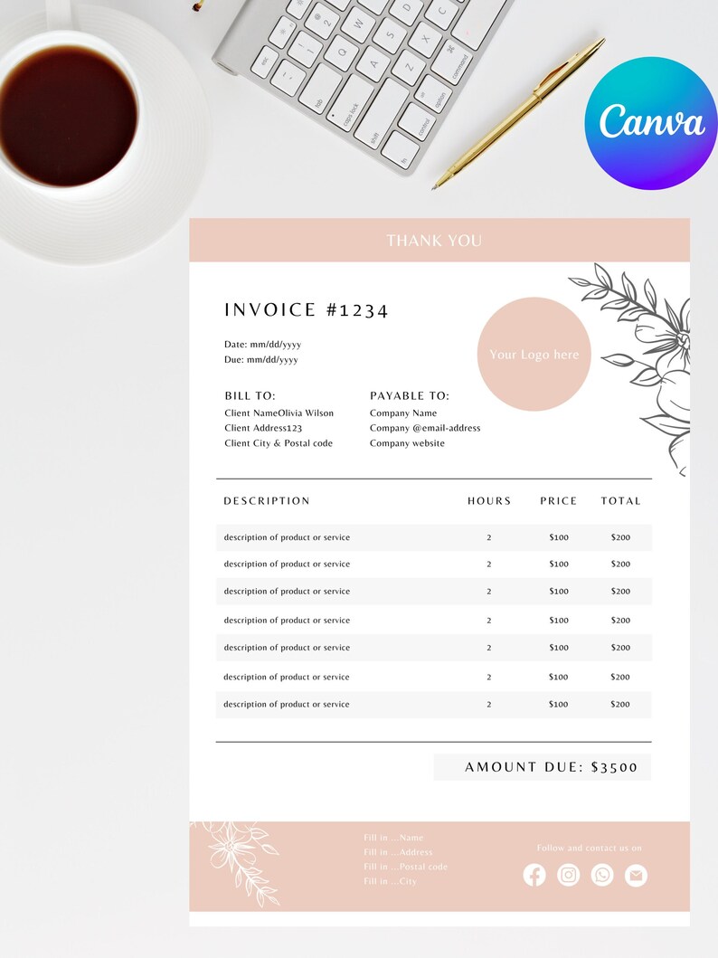 Minimalistic Invoice Template Small Business Editable Canva - Etsy