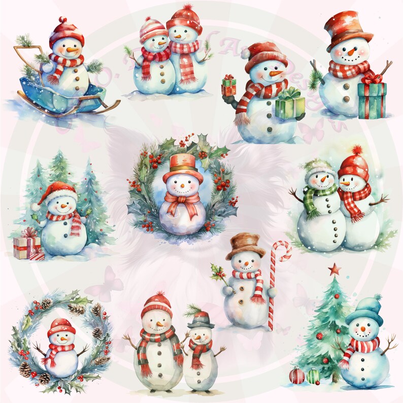 Cute Watercolor Winter Christmas Snowman Clipart PNG Set of 21 Holiday ...