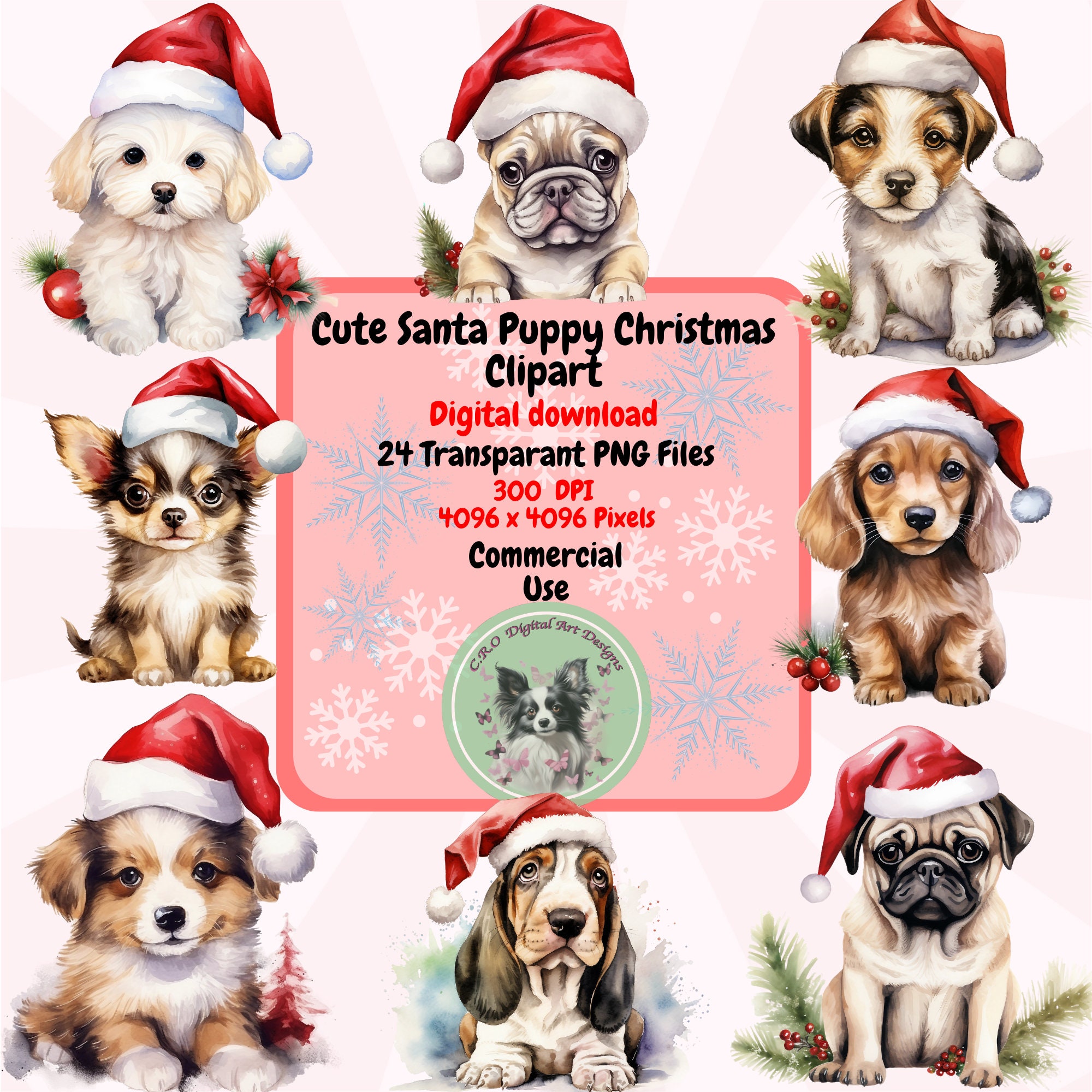 Cute Santa Puppy Christmas Clipart PNG Set, 24 Holiday Winter Clipart ...