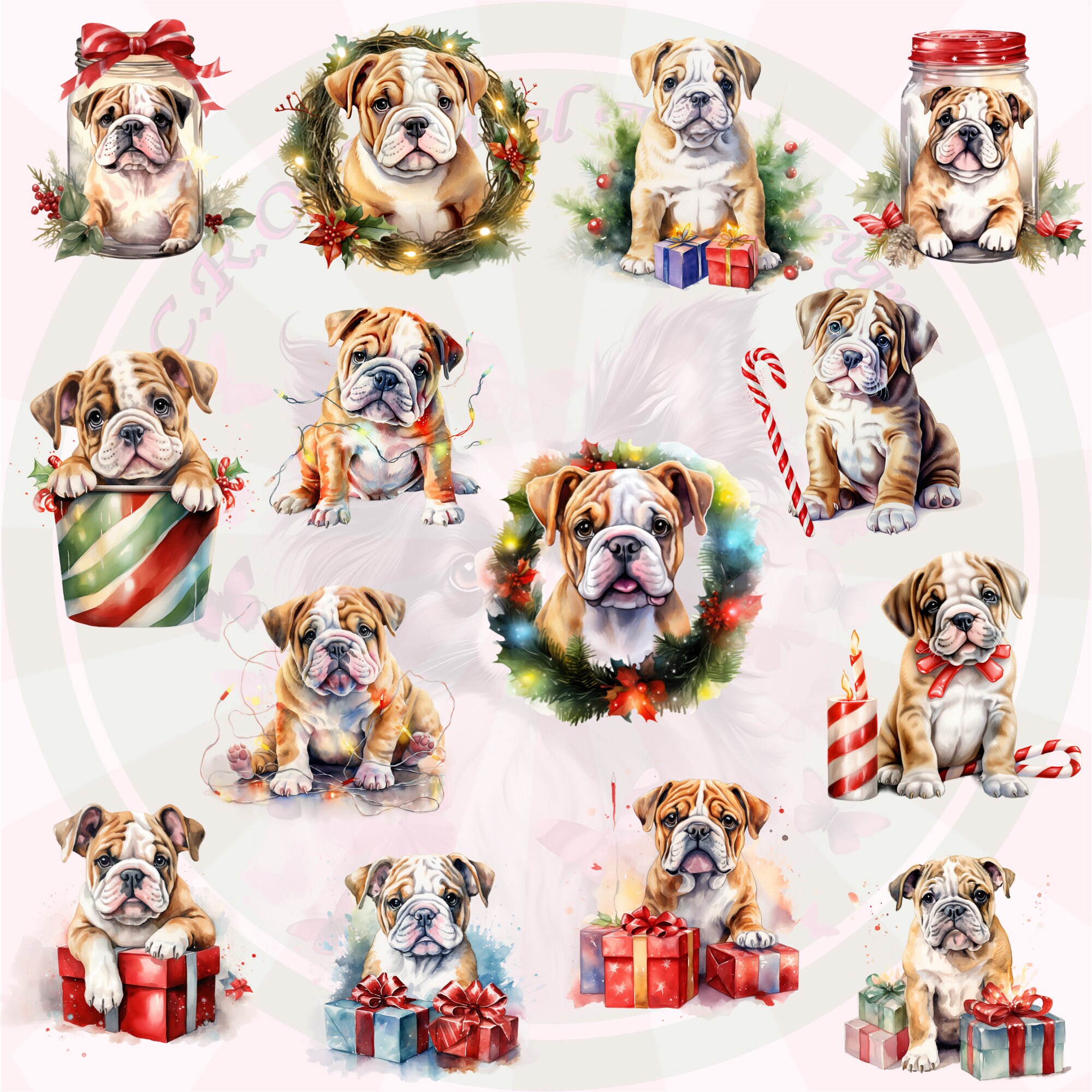 Cute Christmas English Bulldog Puppy Watercolor Clipart PNG Set, 28 ...