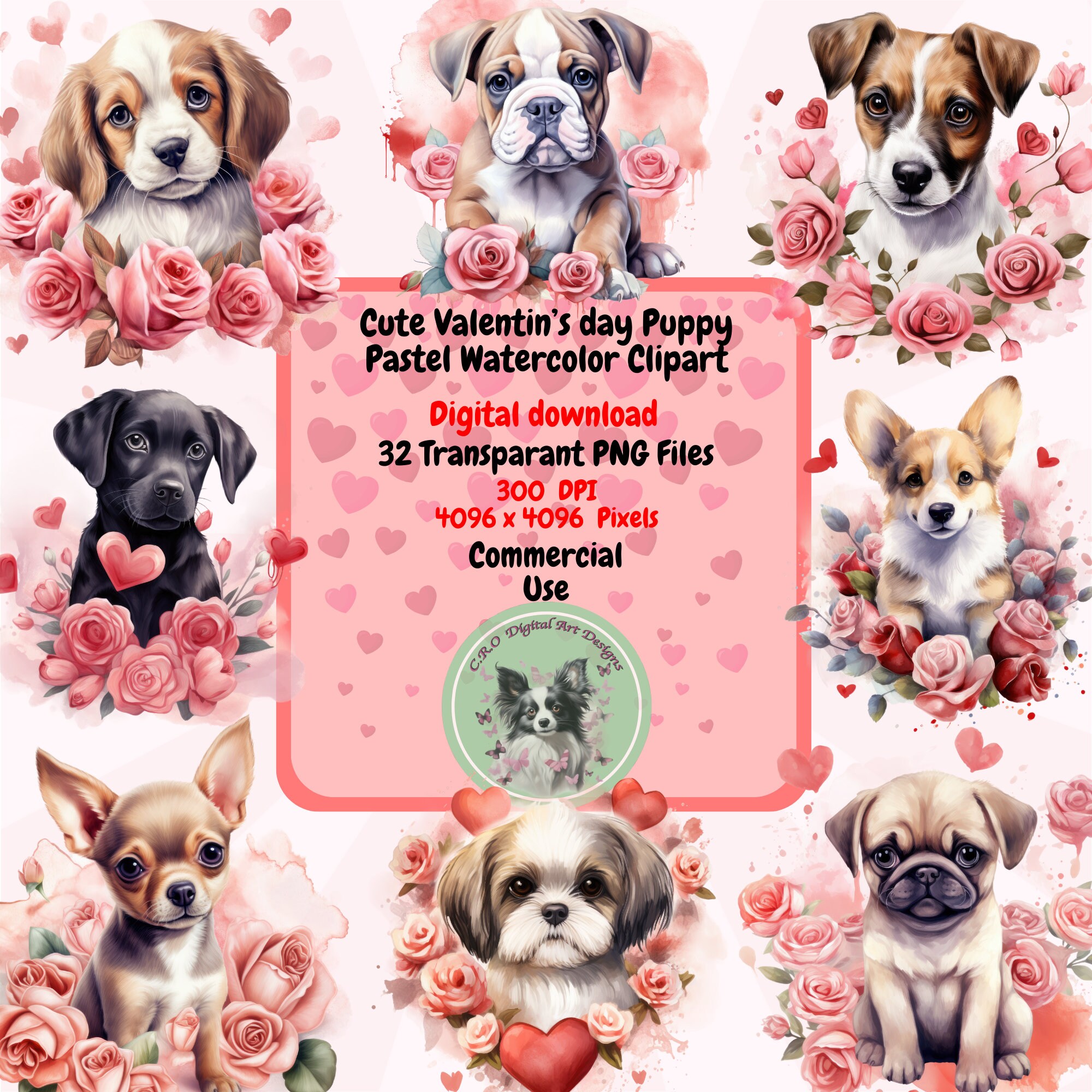 Cute Valentine Day Puppies Pastel Watercolor Clipart PNG Set 32 Holiday ...