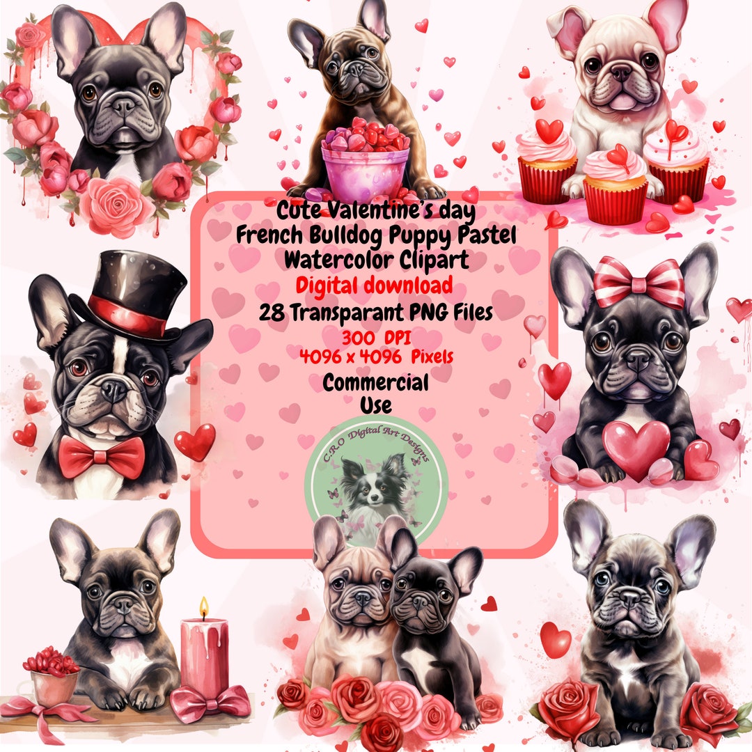 Cute Valentine's French Bulldog Puppy Pastel Watercolor Clipart PNG Set ...