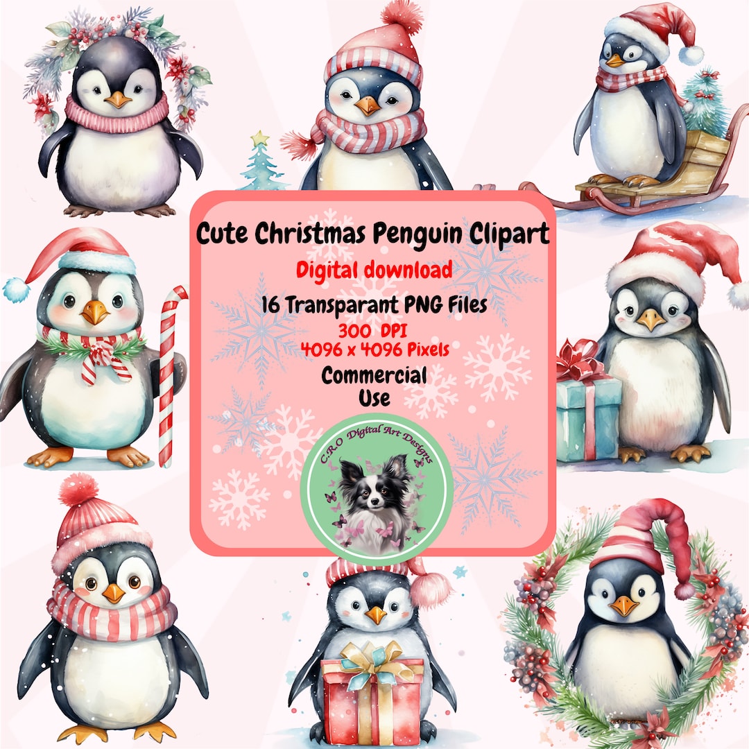Cute Christmas Penguin Clipart PNG Set, 16 Transparent Clipart, Winter ...
