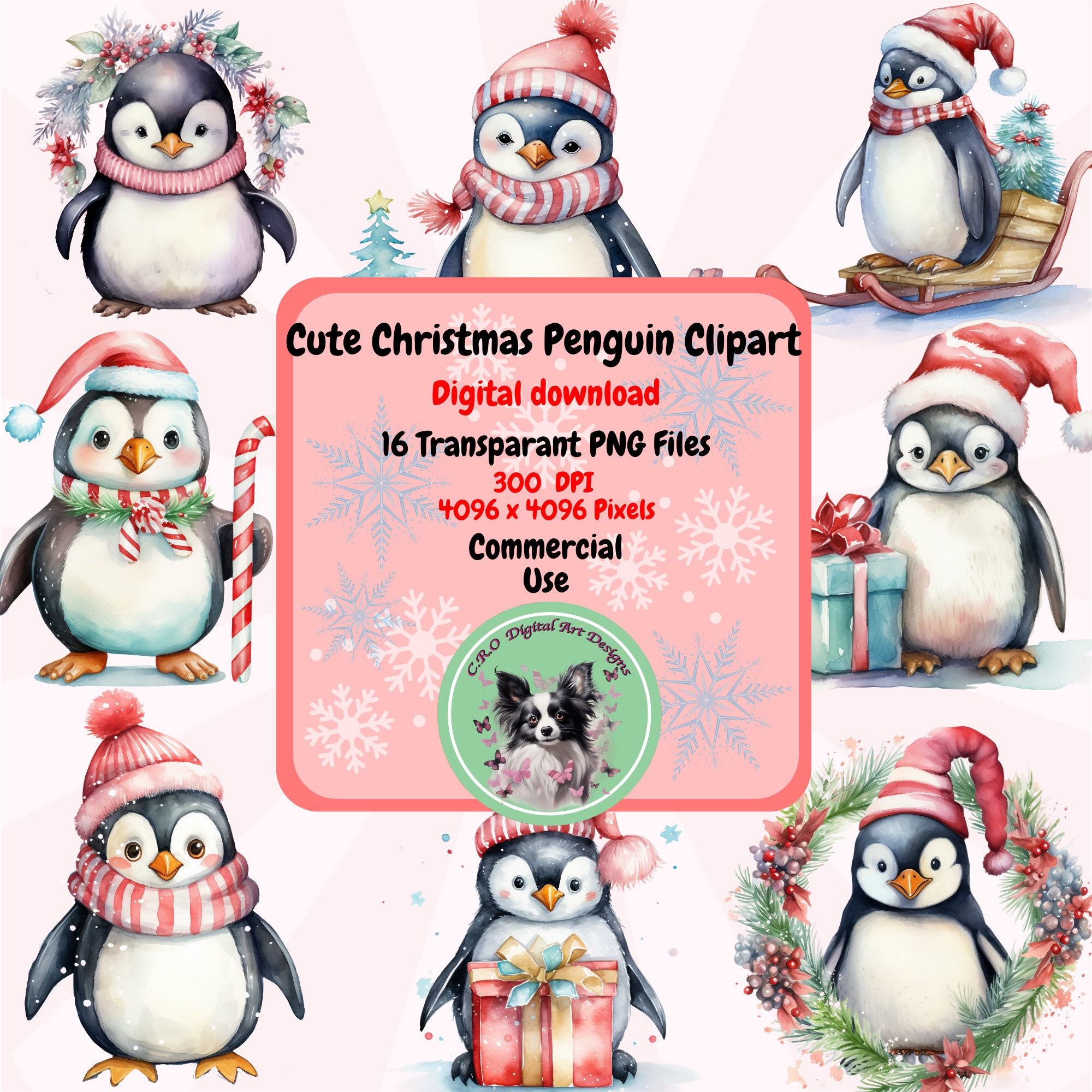 Cute Christmas Penguin Clipart PNG Set, 16 Transparent Clipart, Winter ...