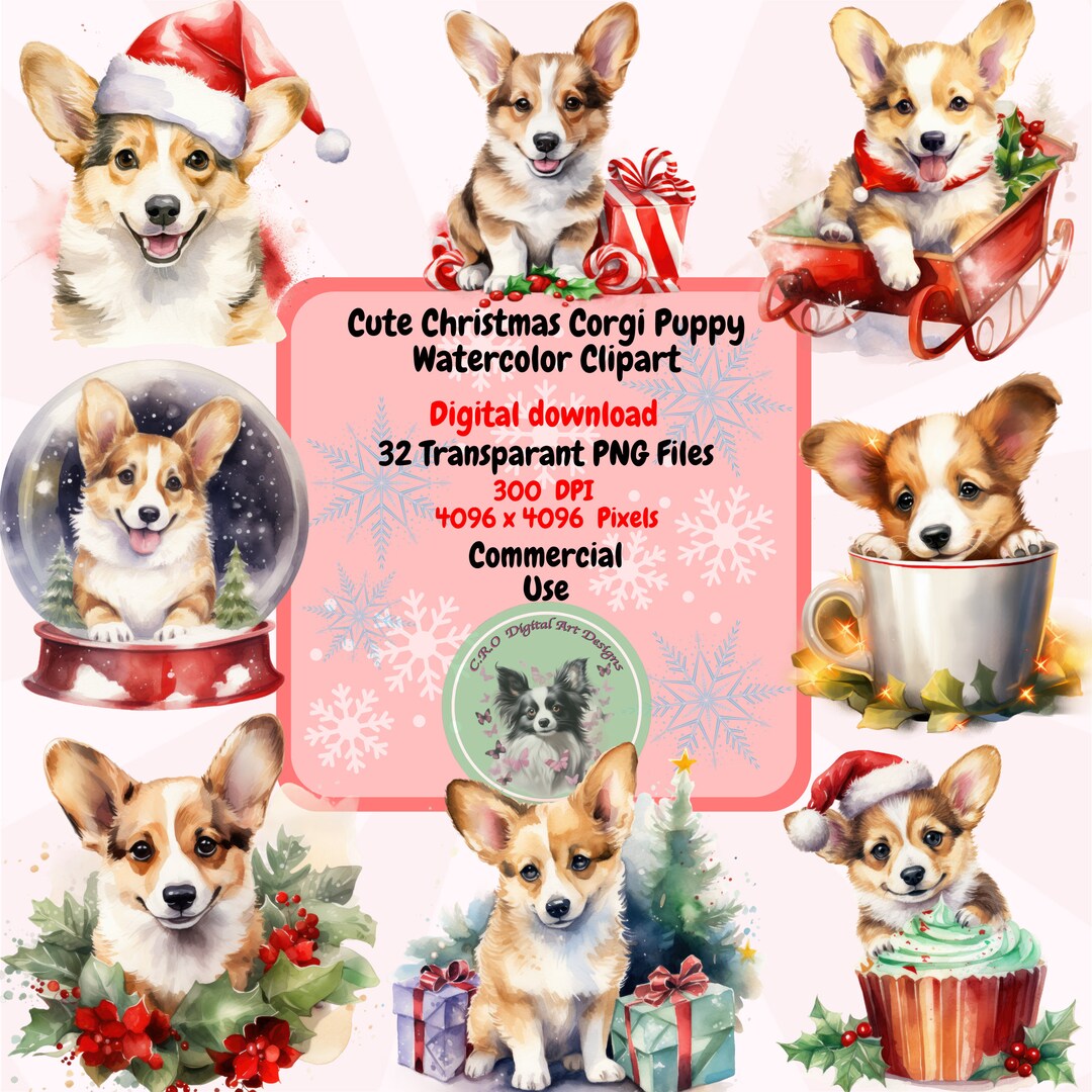 Cute Christmas Corgi Puppy Watercolor Clipart PNG Set, 32 Holiday ...