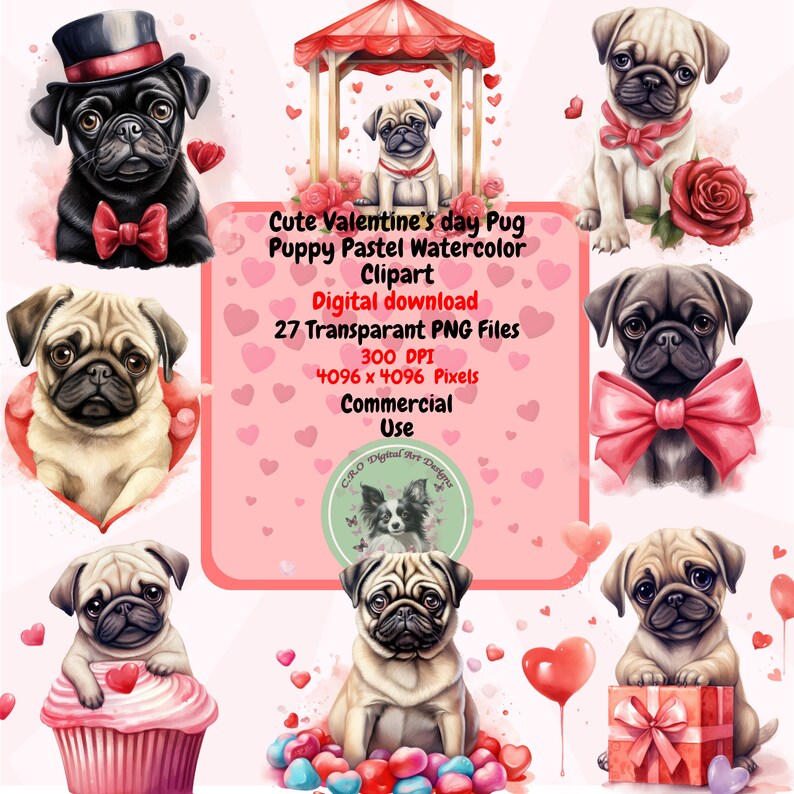 Cute Valentine's Day Pug Puppy Pastel Watercolor Clipart PNG Set 27 ...