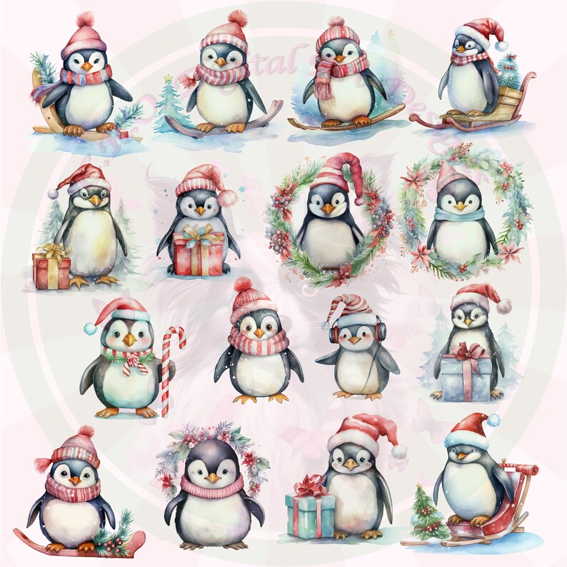 Cute Christmas Penguin Clipart PNG Set, 16 Transparent Clipart, Winter ...