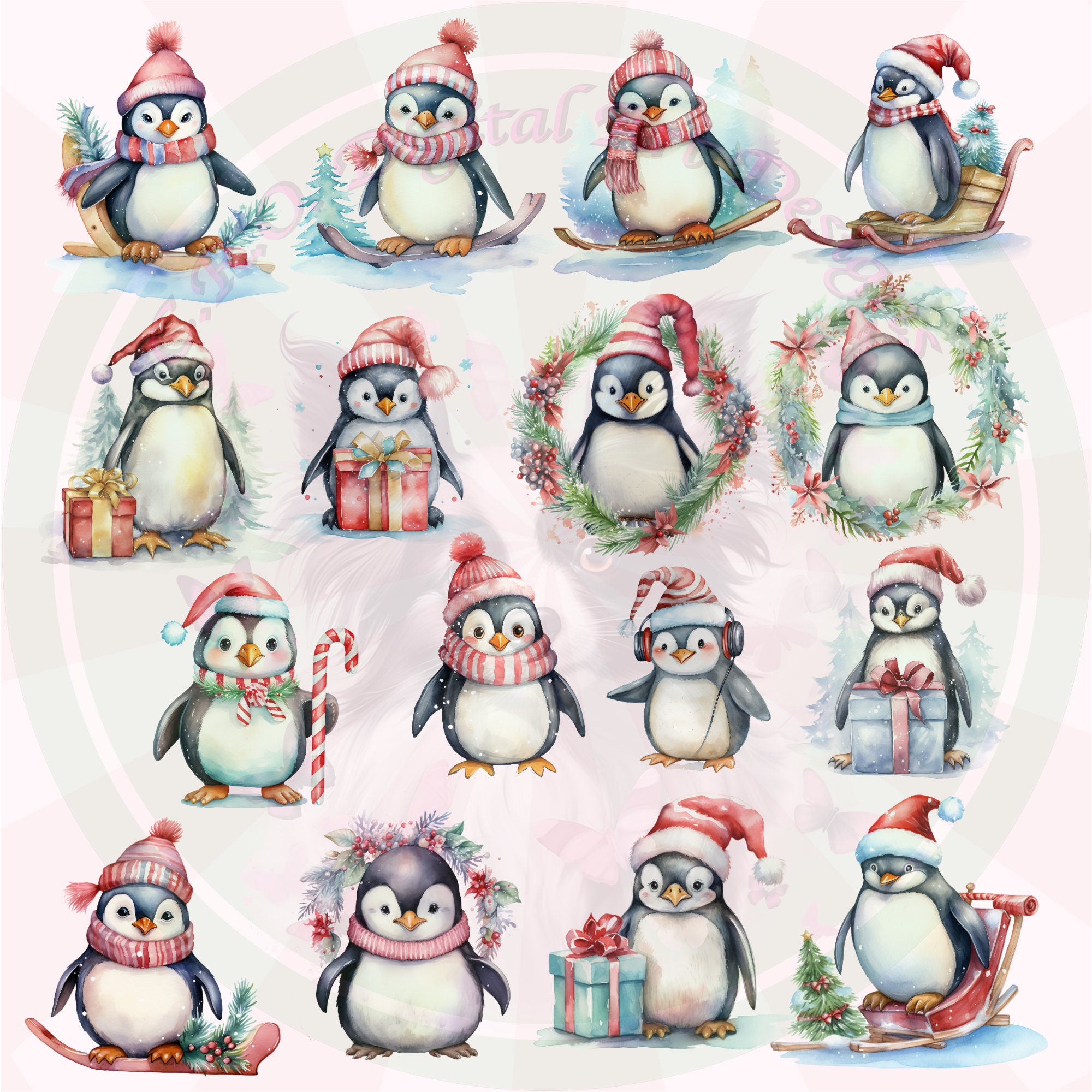 Cute Christmas Penguin Clipart PNG Set, 16 Transparent Clipart, Winter ...