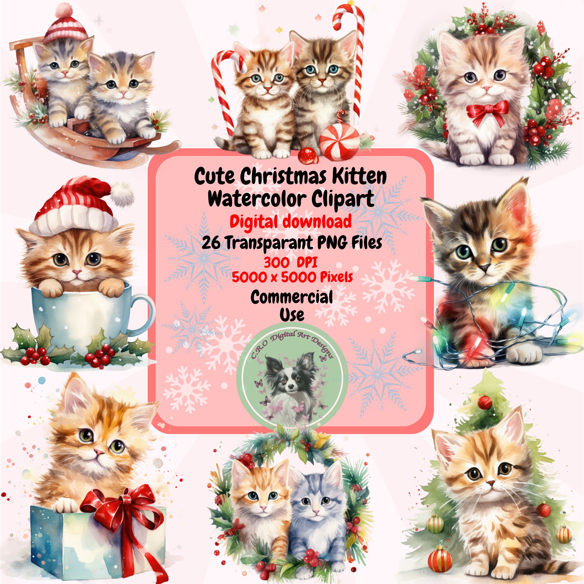 Cute Watercolor Christmas Kittens Cat Clipart PNG Set of 26 Holiday ...