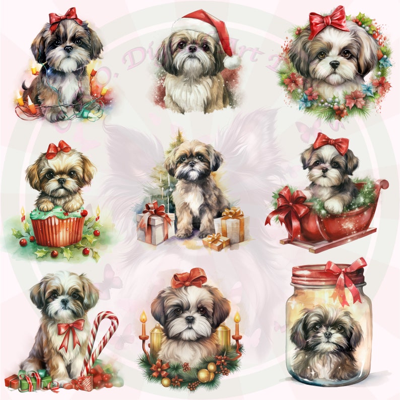 Cute Christmas Shih Tzu Puppy Watercolor Clipart PNG Set, 28 Holiday ...