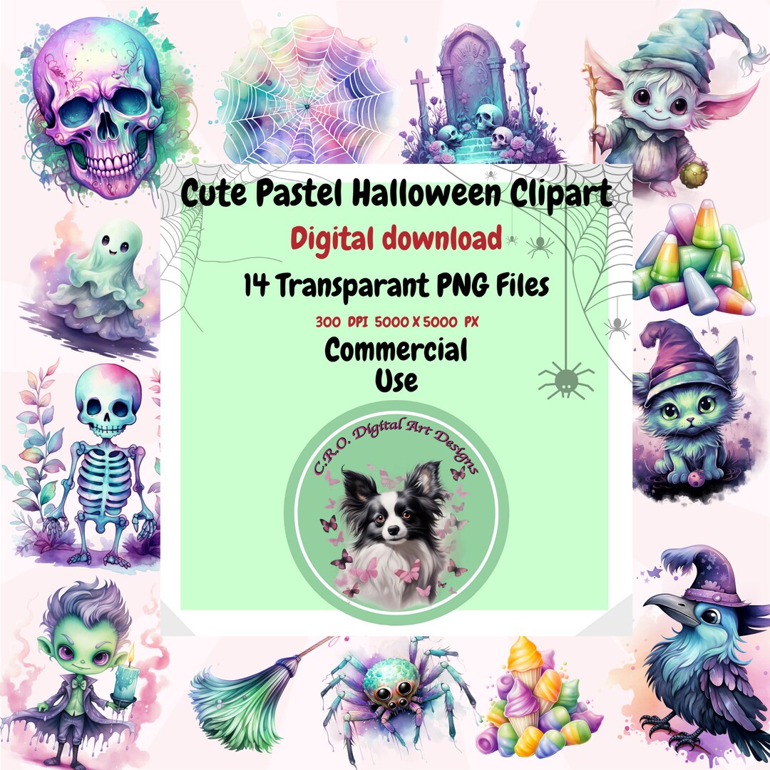Pastel Spooky Cute Halloween Clipart PNG Set, 14 Halloween Clipart ...
