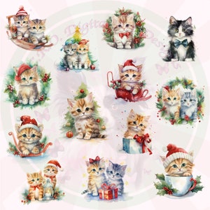 Cute Watercolor Christmas Kittens Cat Clipart PNG Set of 26 Holiday ...