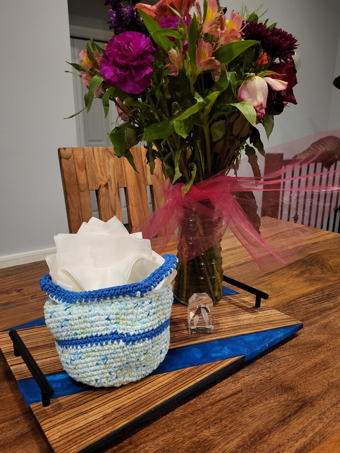 Blue & White Crochet Basket With Handle • 6” Handmade Upcycled Cotton ...