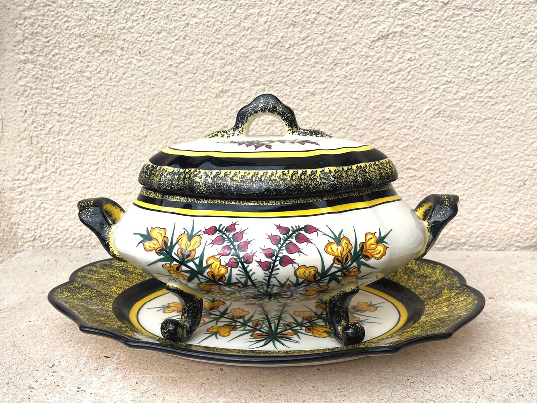 Large HB Quimper French Earthenware Hand Painted Footed Lidded Soup ...