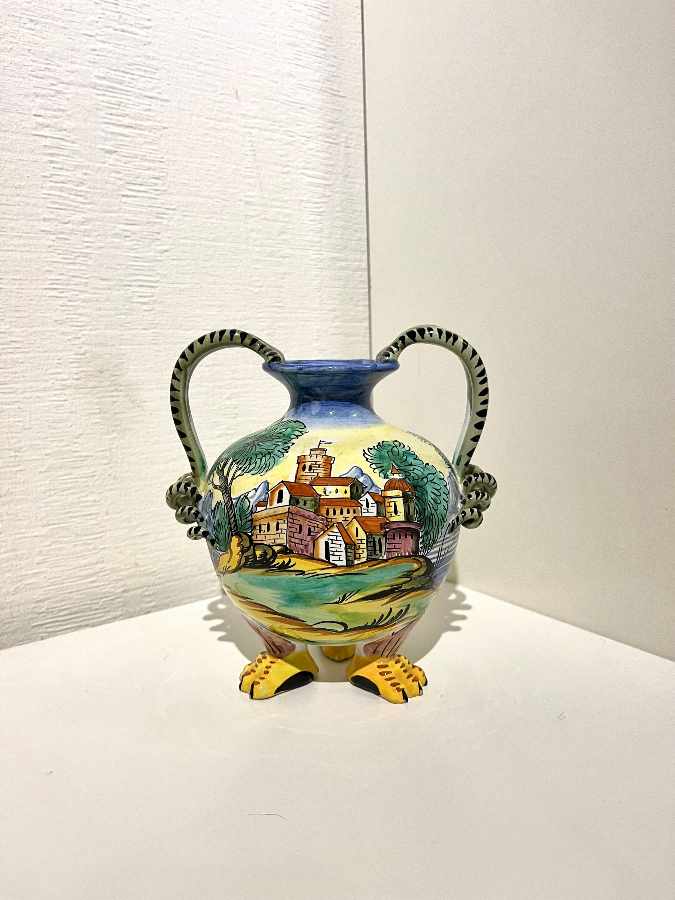 Italian Vintage Majolica Hand Painted Vase Snake Handles Cantagalli ...