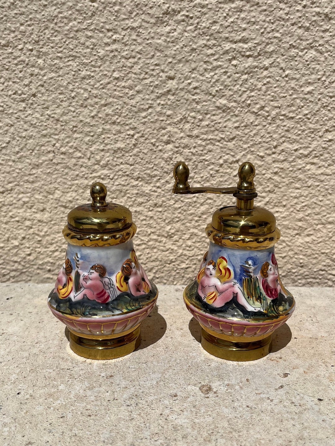 Vintage Majolica Salt & Pepper Set Capodimonte. Handpainted. Cherubs ...