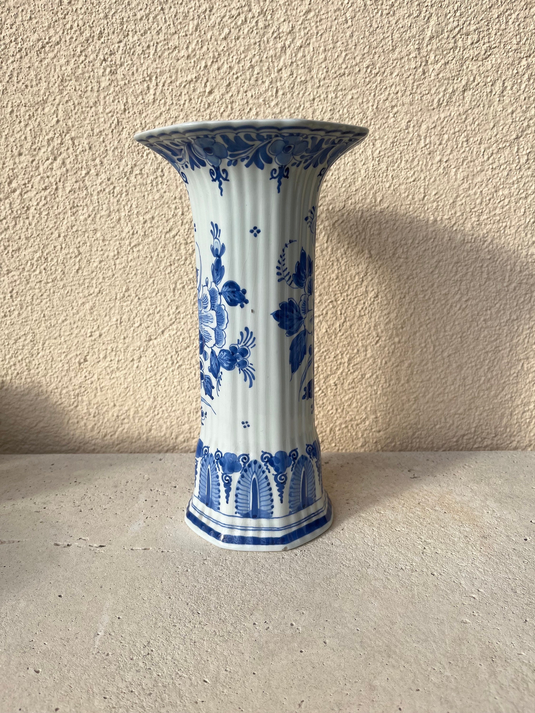 Dutch Blue & White Royal Delft Hand Painted Beaker Vase - 1952 Moulded ...