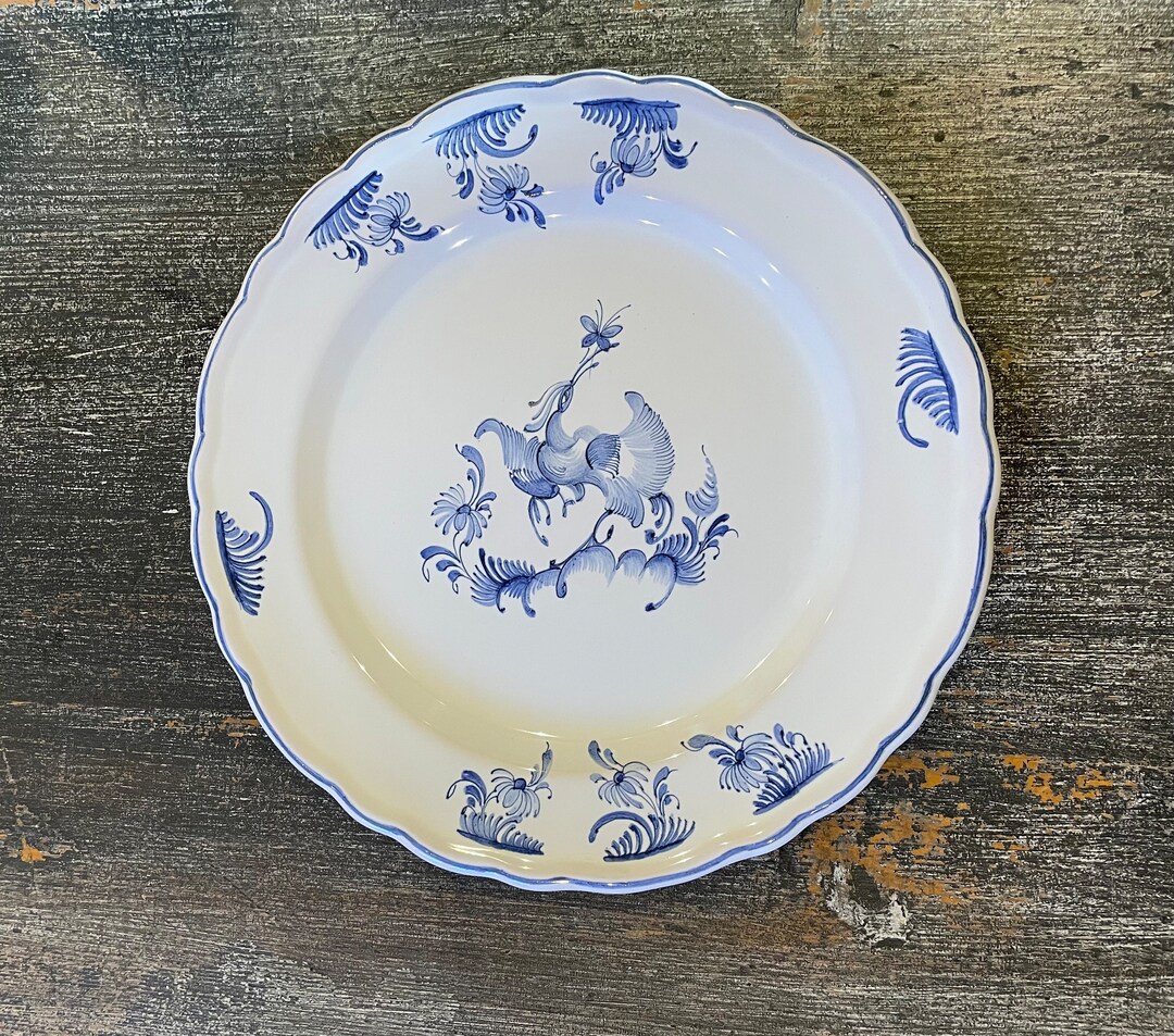 Plate Moustiers, Traditional Bird Motif in Blue and White. Signed ...