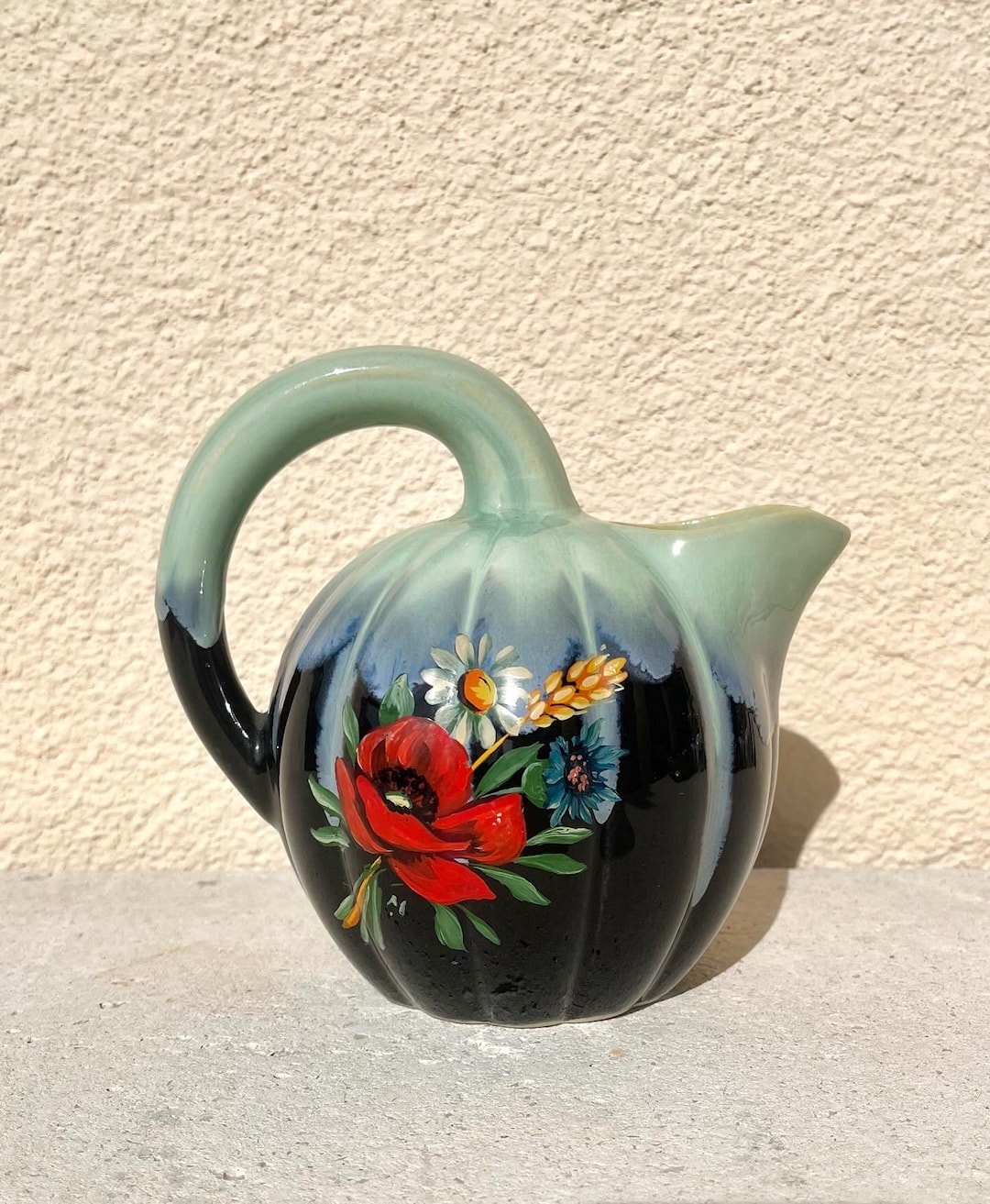 French Drip Glazed Ceramic Pumpkin Shaped Jug Pitcher With Large Handle ...