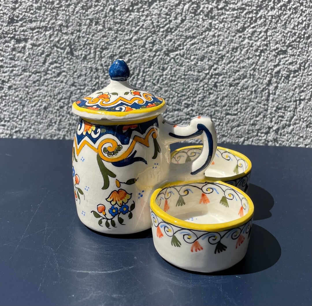 French Ceramic Condiment Set, Salt, Pepper and Mustard Pot. Rouen Style ...
