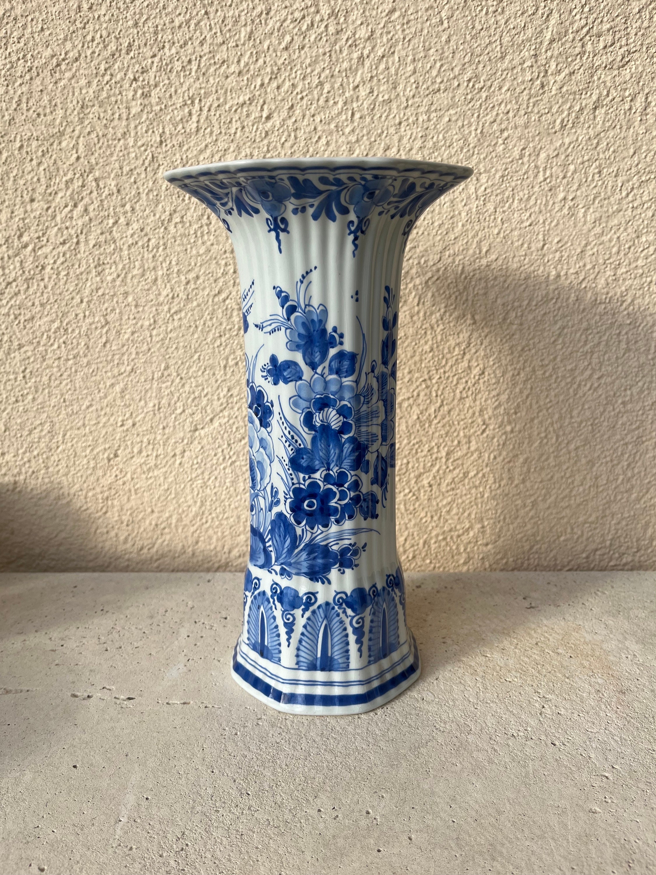 Dutch Blue & White Royal Delft Hand Painted Beaker Vase - 1952 Moulded ...