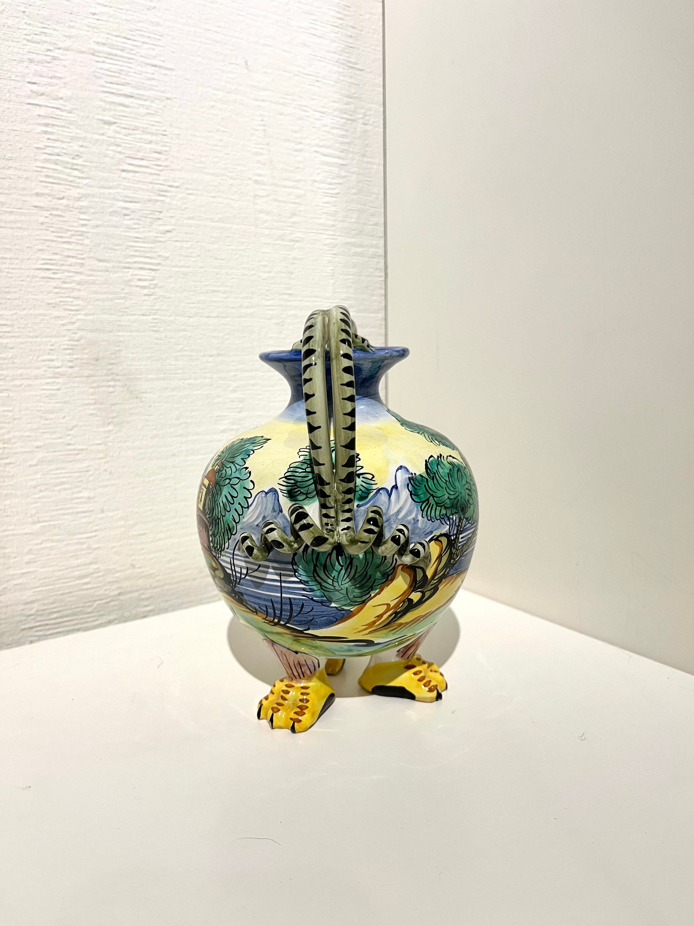 Italian Vintage Majolica Hand Painted Vase Snake Handles Cantagalli ...