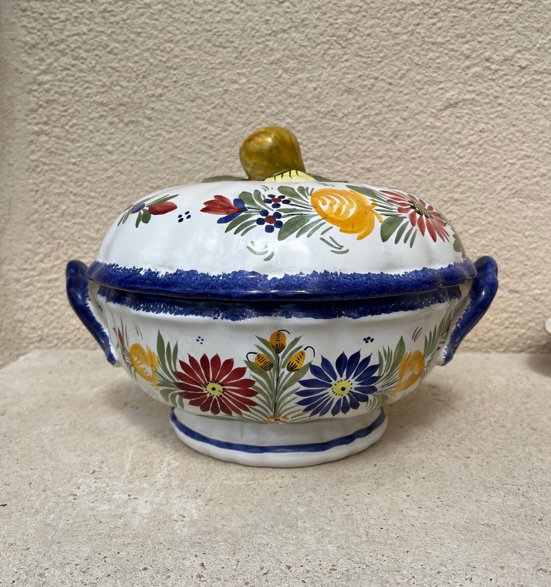 HB Quimper French Earthenware Hand Painted Lidded XL Soup Tureen Dish ...