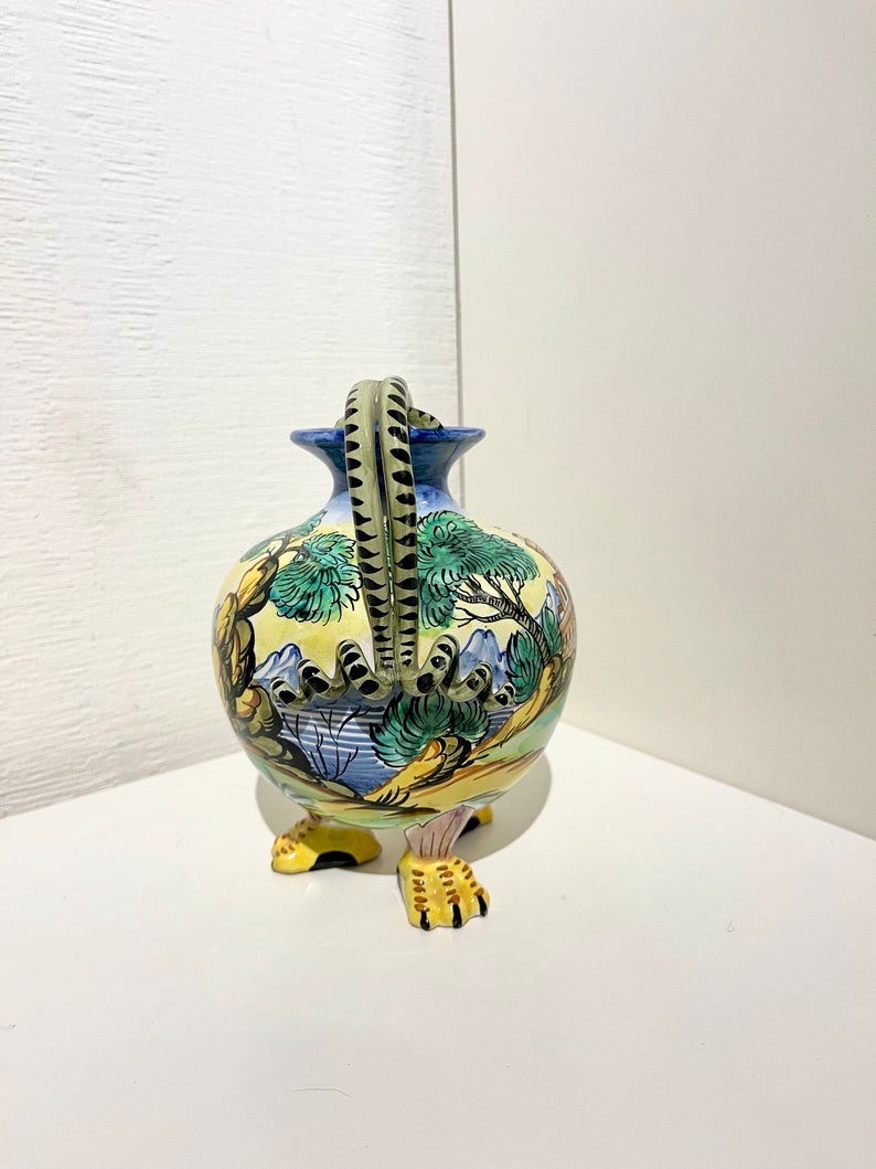 Italian Vintage Majolica Hand Painted Vase Snake Handles Cantagalli ...