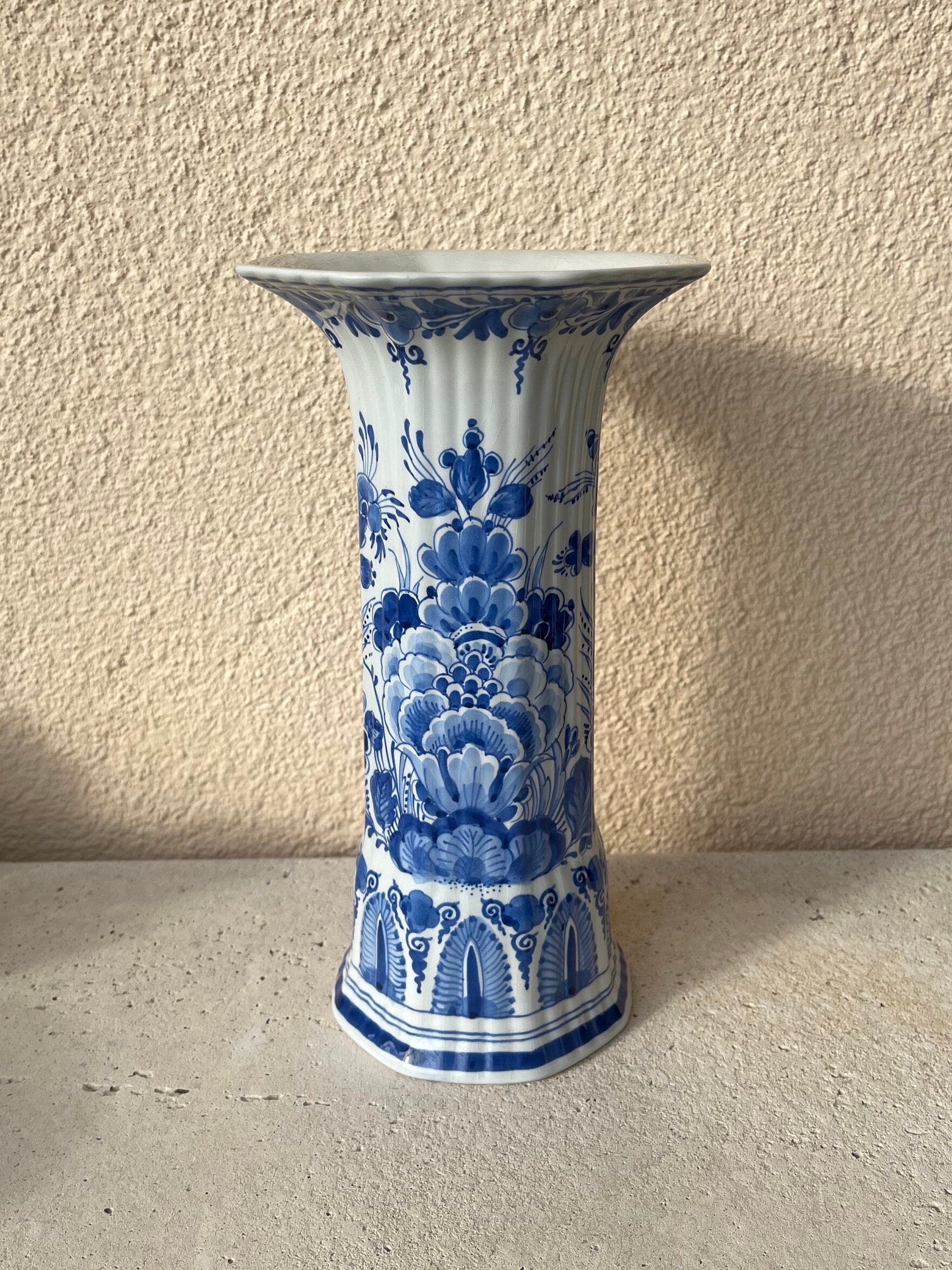 Dutch Blue & White Royal Delft Hand Painted Beaker Vase - 1952 Moulded ...