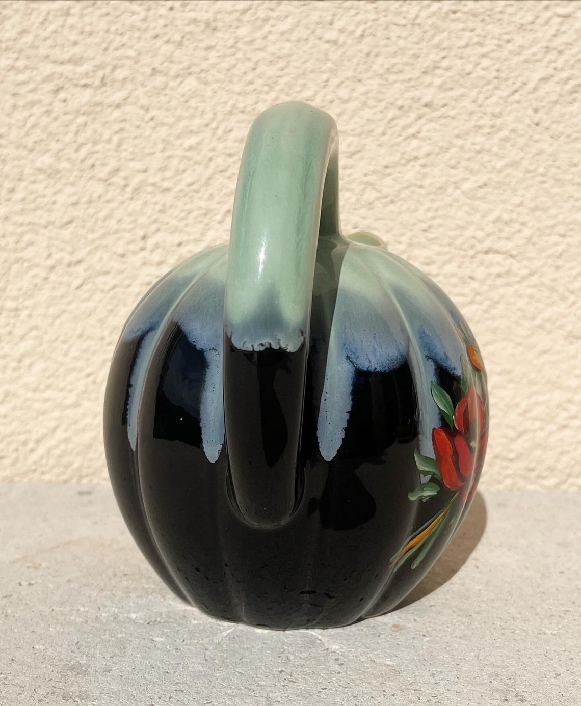 French Drip Glazed Ceramic Pumpkin Shaped Jug Pitcher With Large Handle ...
