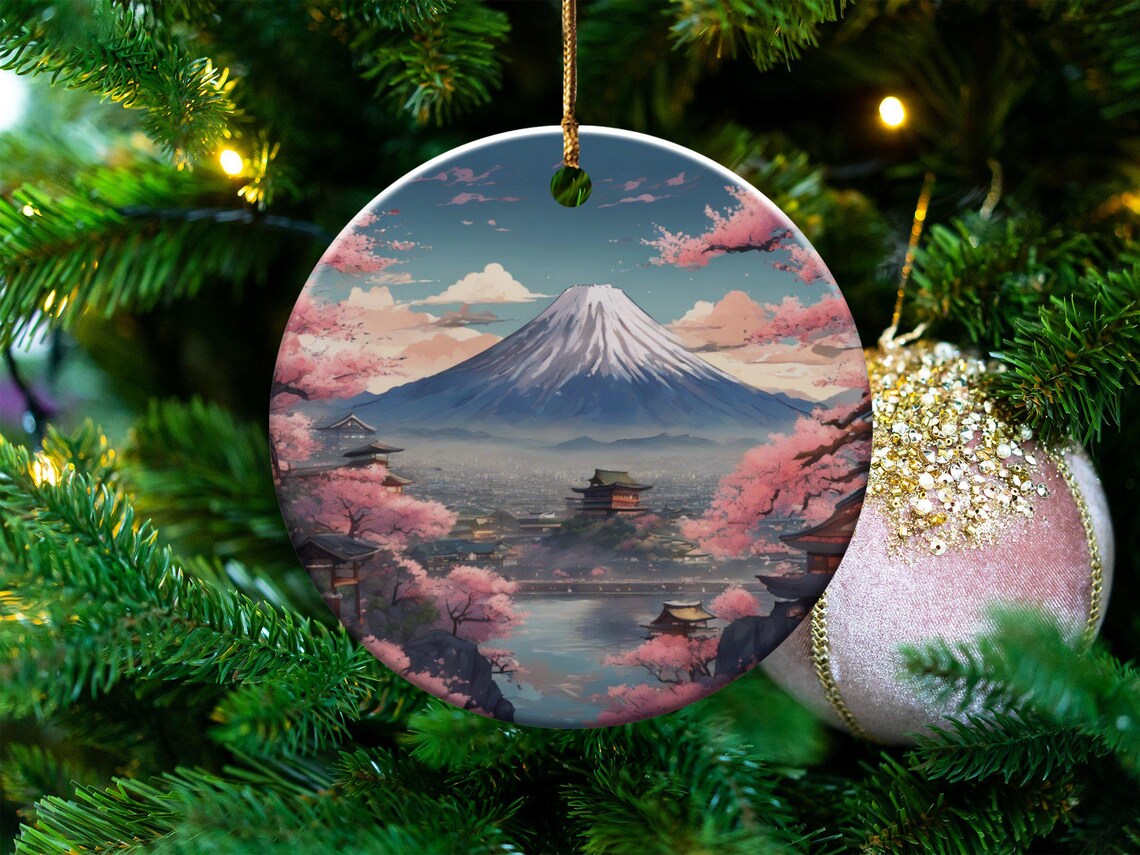 Ceramic Japanese Ornaments, Japanese Mountain Sunset Ornament, Cherry ...
