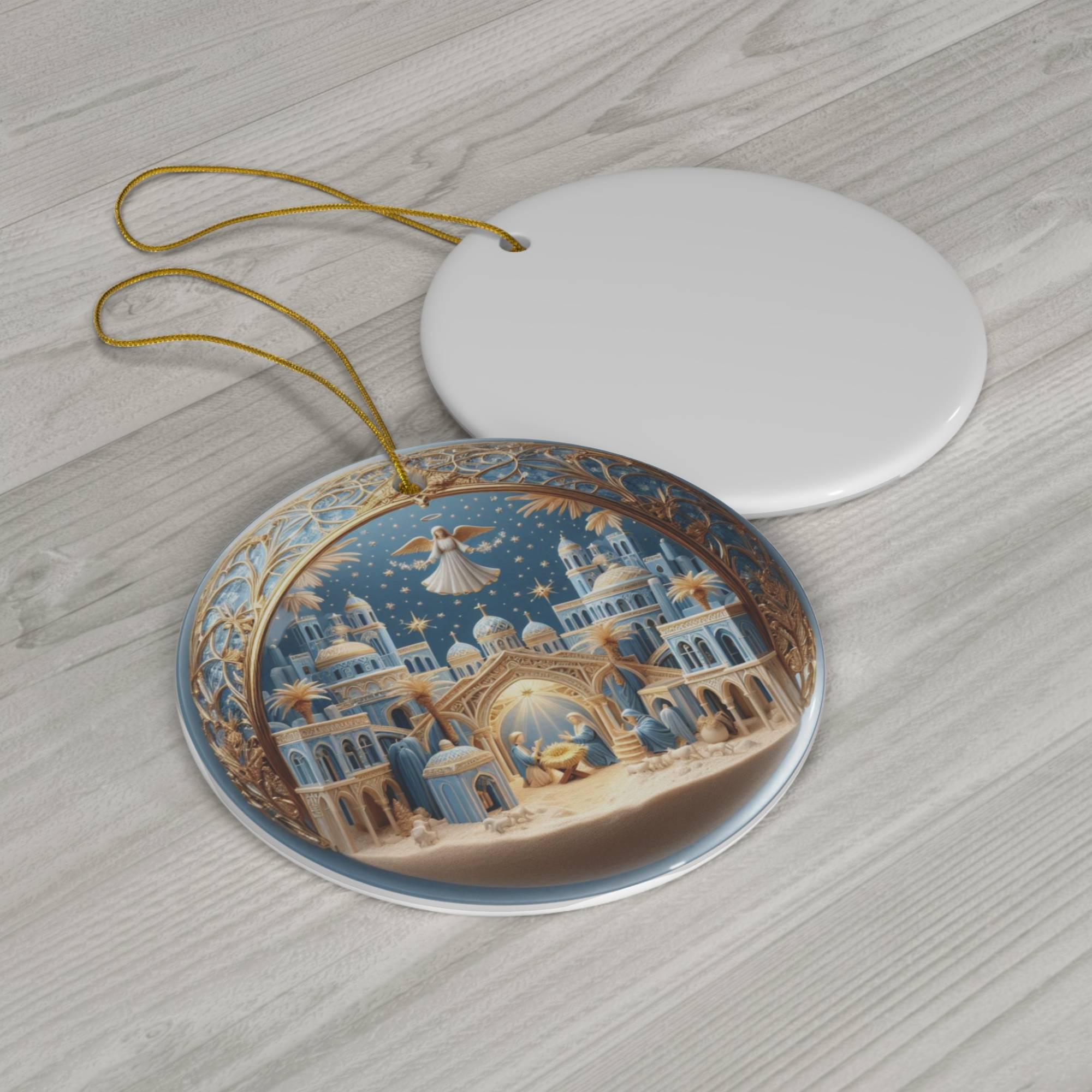 Old World Blue Ceramic Nativity Scene Ornament, Personalized Christian ...