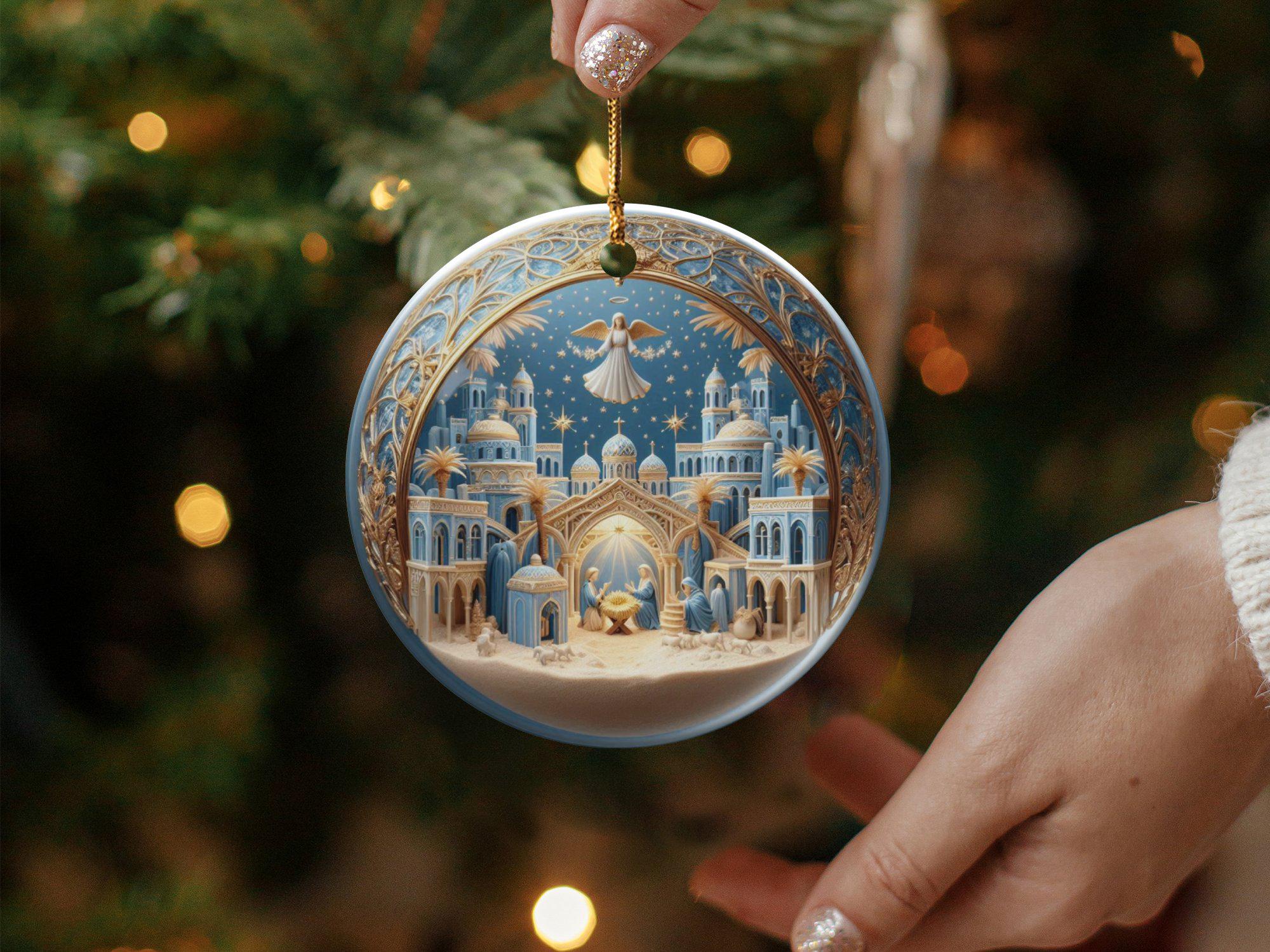 Old World Blue Ceramic Nativity Scene Ornament, Personalized Christian ...