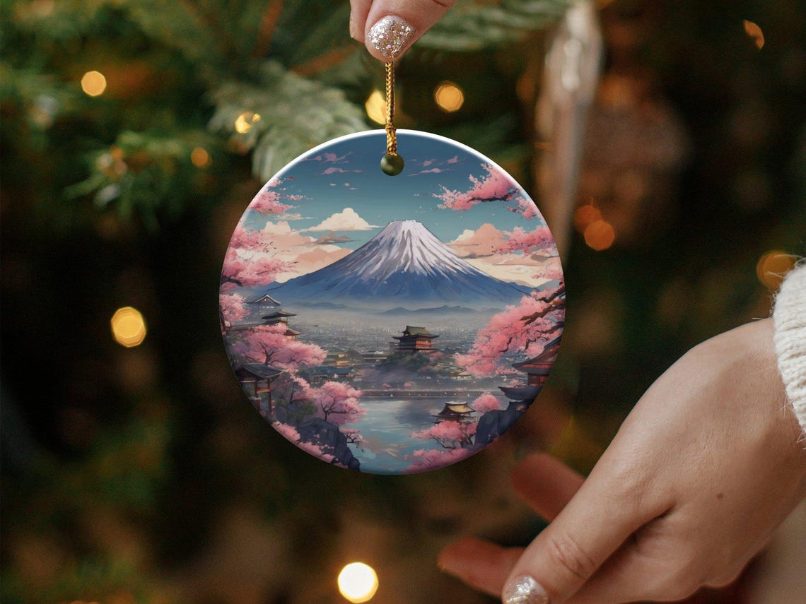 Ceramic Japanese Ornaments, Japanese Mountain Sunset Ornament, Cherry ...