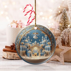 Old World Blue Ceramic Nativity Scene Ornament, Personalized Christian ...