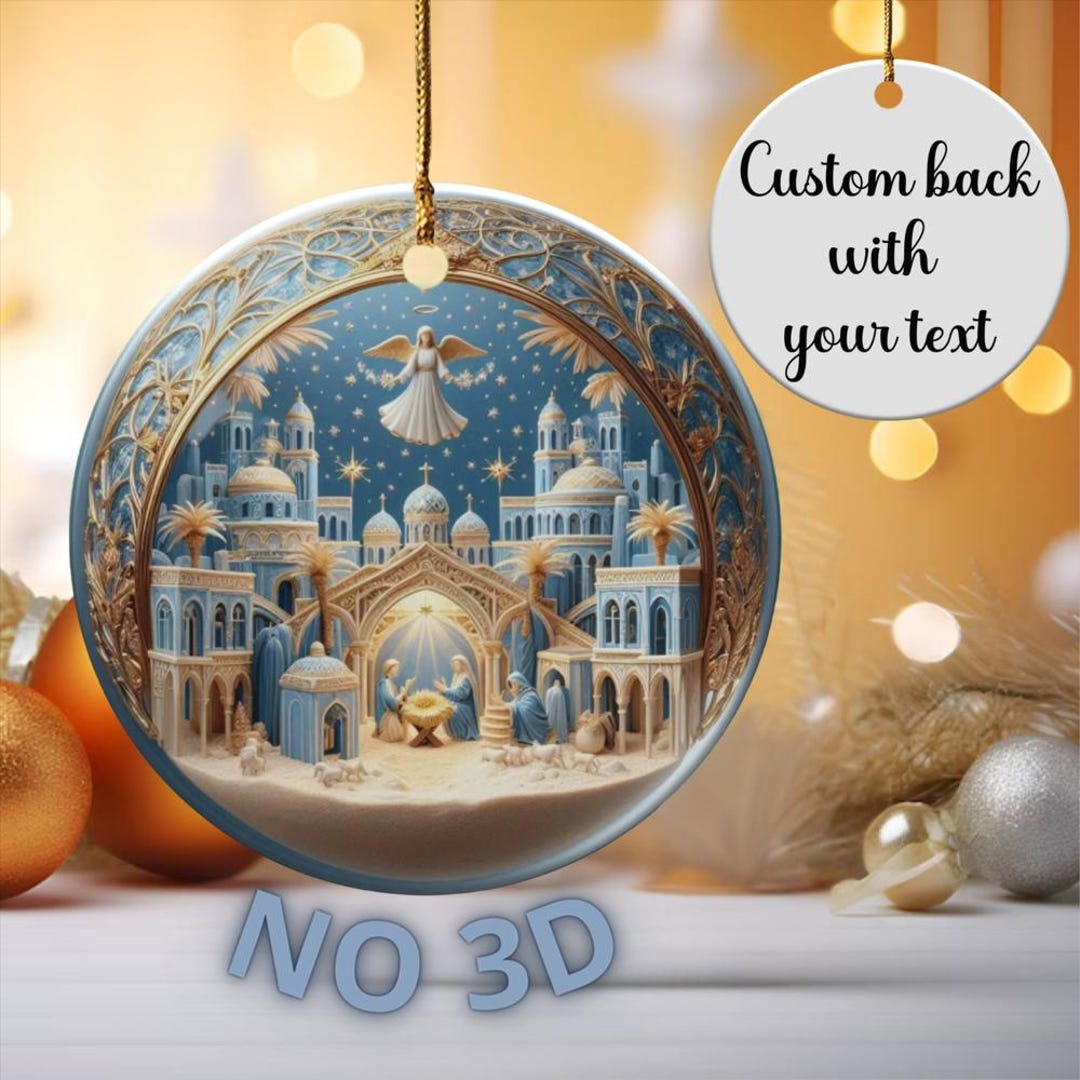 Old World Blue Ceramic Nativity Scene Ornament, Personalized Christian ...