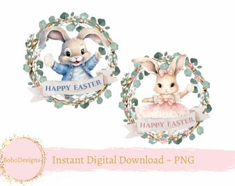 Easter Bunny Wreath PNG: Blue & Pink Rabbit Clip Art (digital Download ...