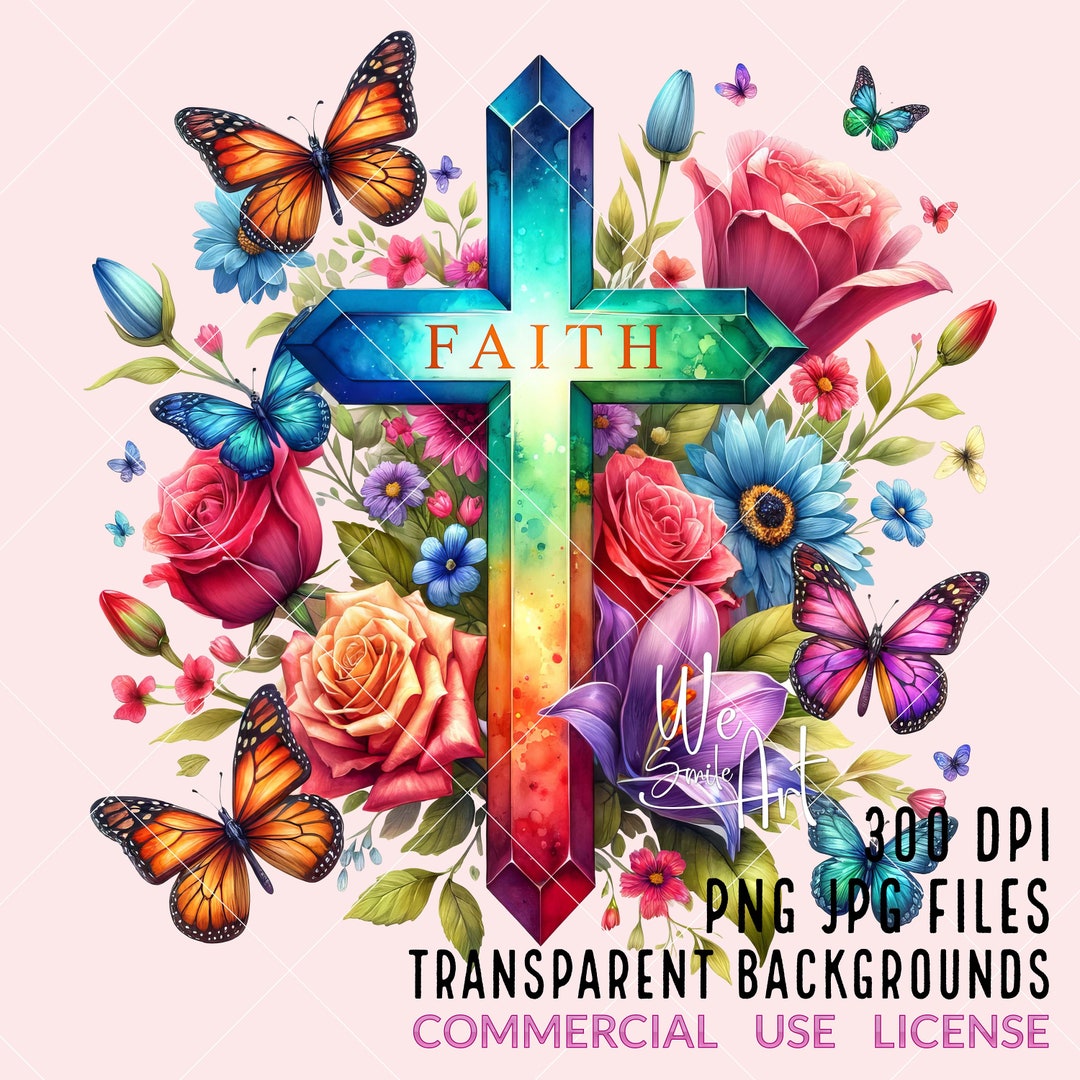 Faith Cross PNG, Faith Cross Watercolor Flowers Butterflies PNG, Faith ...