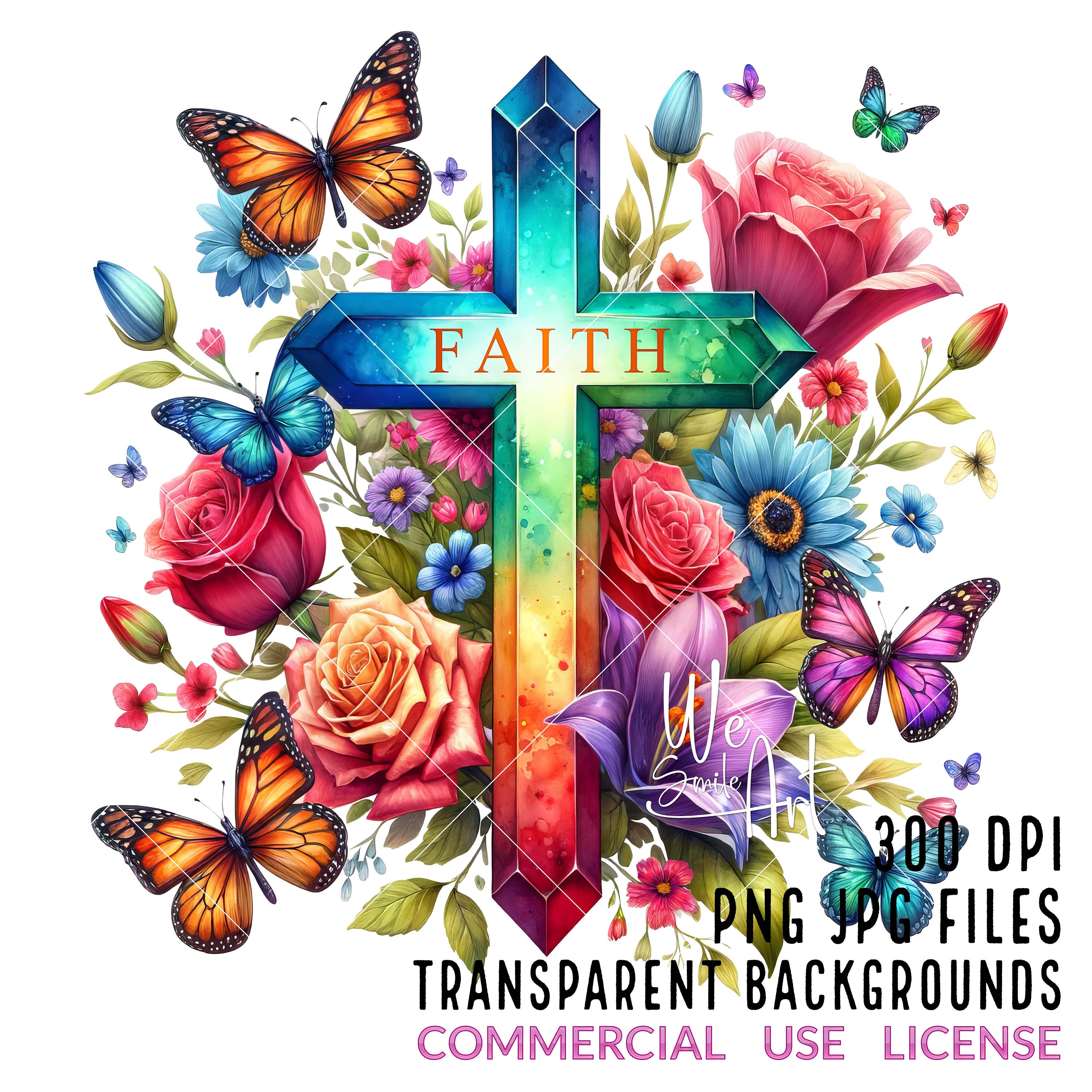 Faith Cross PNG, Faith Cross Watercolor Flowers Butterflies PNG, Faith ...