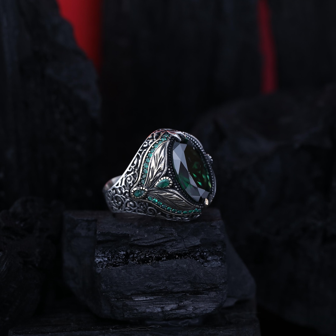 Ornate Green Stone Signet Ring: Sterling Silver, Gold Accents - Etsy