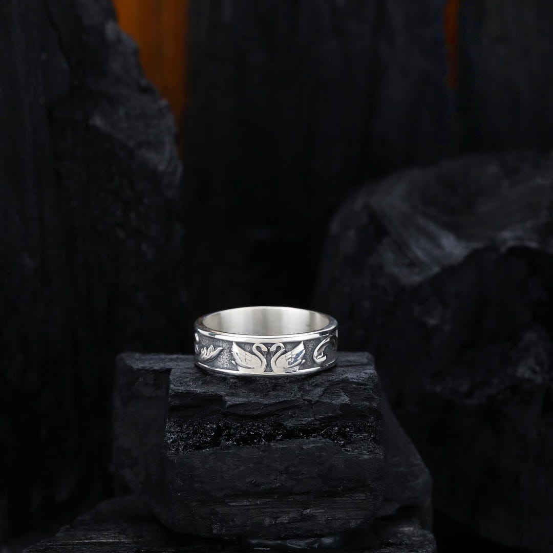 Handmade Sterling Silver Two Swans Ring, Engraved Romantic Wedding Band ...