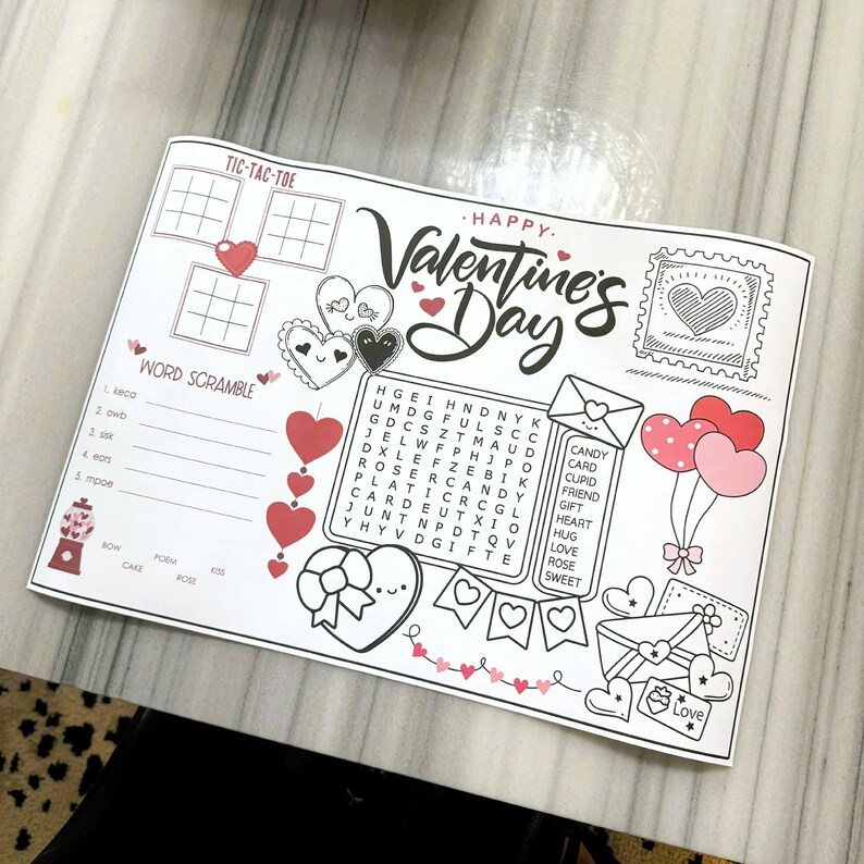 Valentine’s Day Coloring Placemats for Kids, Valentines Day Activity ...