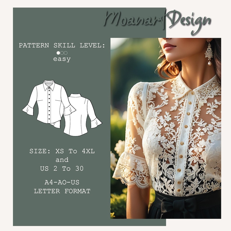 Lace Shirt Woman PDF Pattern, Half Circle Ruffle Long Sleeve Shirt ...