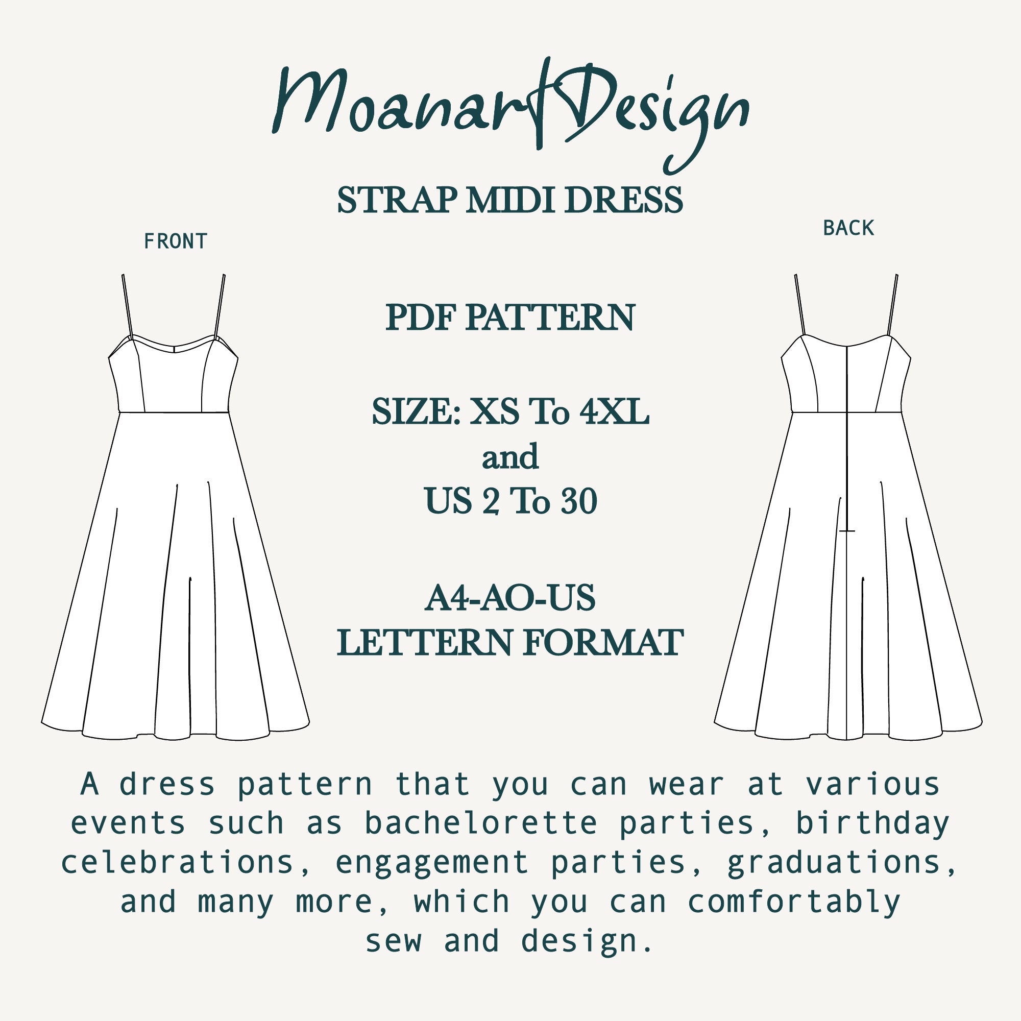Straps Midi Dress Pattern, Summer Wedding Guest Bridesmaid Bridal ...