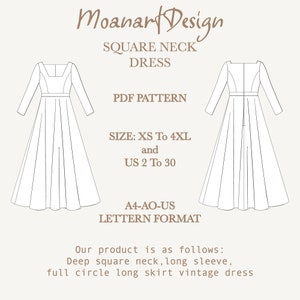 Square Neck Dress Pattern, Long Sleeve Dress PDF Pattern, Full Circle ...