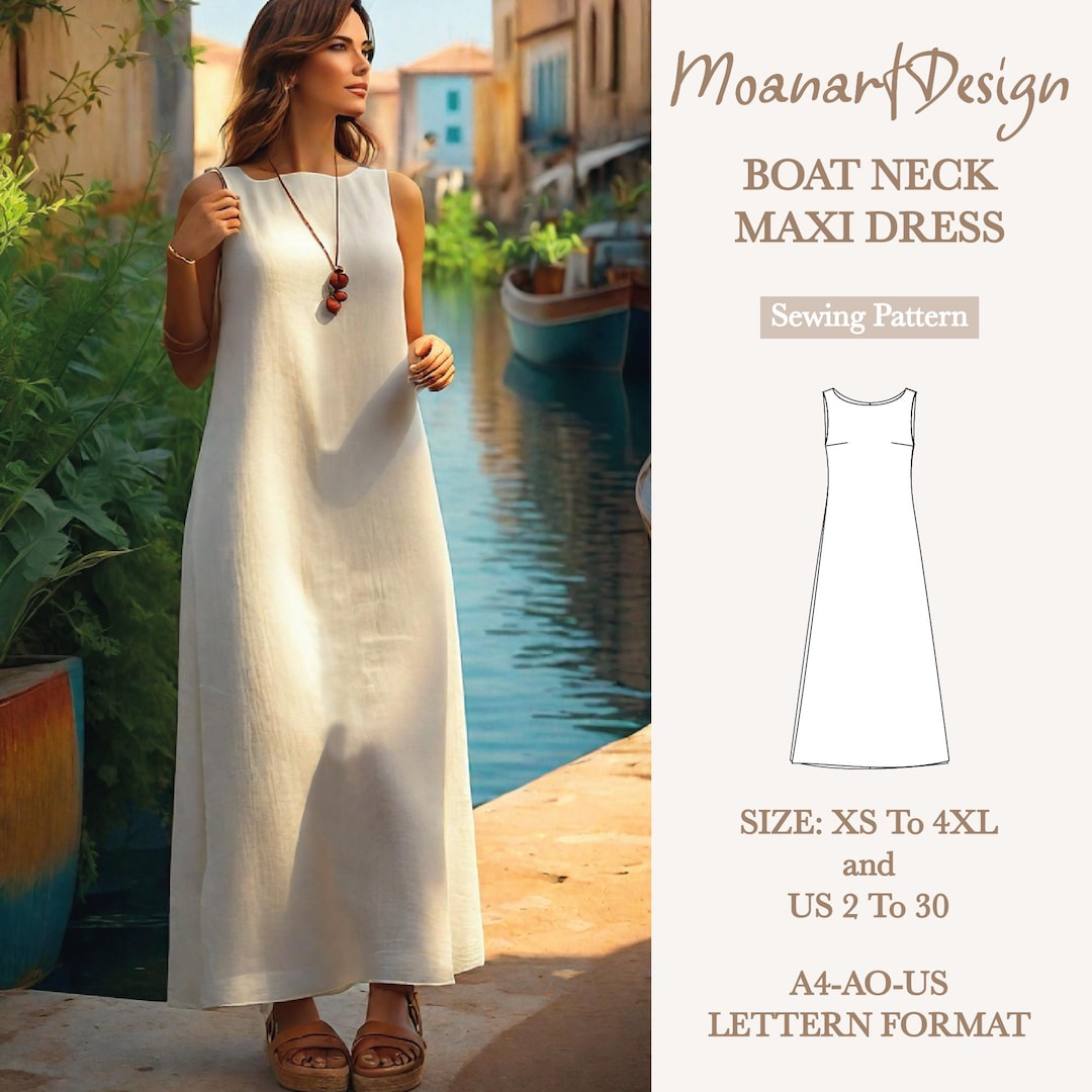 Boat Neck Maxi Dress Pattern, Sleeveless Linen Dress Pattern, White ...